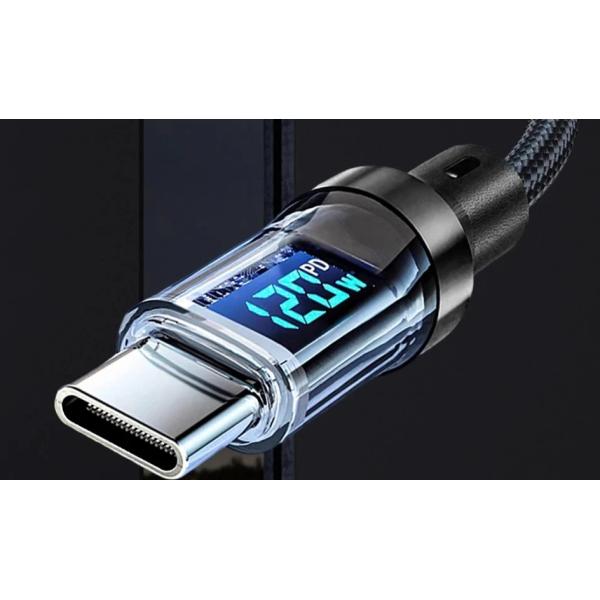 USB Type-C（オス）ー  Type-C（オス）　充電ケーブル 2m目安となる電力ディスプレイ付き 最大120W対応カッコイイ過充電保護機能もあり、充電が完了すると表示のワット数が０になるので分かりやすいナイロン皮膜でケーブルの感触も...