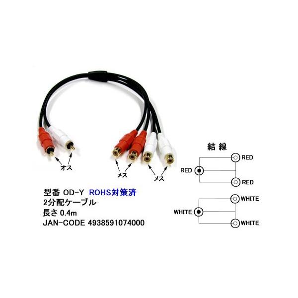 ステレオＲＣＡ端子（L/R）２分配ケーブル・製造元/商品型番：カモン OD-Y・仕様：RCAピンジャック オス（L/R）-メス（L/R）ｘ２・長さ：40cm ・色：黒　