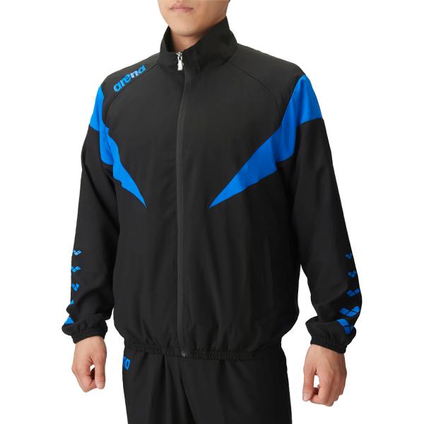 布帛ジャケット。チームウェア。スイマーにむけた商品。プールだけでなく、大会の行き帰りにも着用できる。レギュラーシルエットでゆったり見えるパターンを採用。５連アリーナマーク使用デザイン。左右ポケット有。継続性のある商品のため、チームで揃えるた...