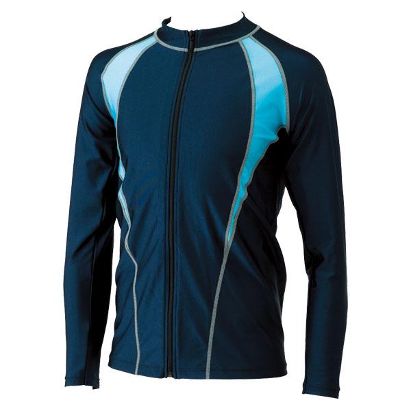 フルジップで着脱カンタン！紫外線からしっかり守るラッシュガード。男女兼用です。[商品詳細]●素材：ナイロン８５％、ポリウレタン１５％●機能：２ＷＡＹ、ＵＶ対策●カラー：０６＝サックス（コン×サックス）、０８＝コン（コン×コン）、１０＝ブルー...