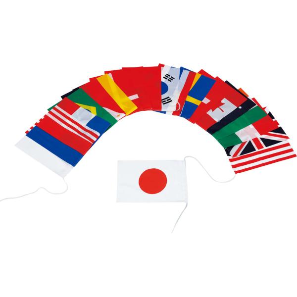 シワになりにくく雨に濡れても乾きの早いポリエステル生地の万国旗。あらかじめロープにセットされていますので設置が楽に行なえます。[商品詳細]●素材：ポリエステル（テトロン）●サイズ：２５×３７．５ｃｍ、全長約１５ｍ●重量：２２０ｇ／組●内容：...