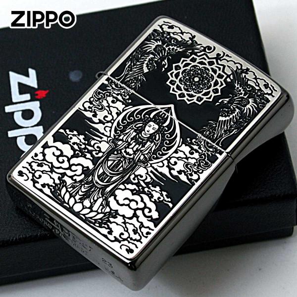 特殊な塗料を使用し焼付塗装した真鍮板に細かいエッチングで観世音のデザインを表現！塗装独特の質感が、独特の風合いをだしております。ネオブラックコーティングをベースZIPPOへ加工、メタルプレートにもブラックを使用し落ち着いた雰囲気。裏面には、...