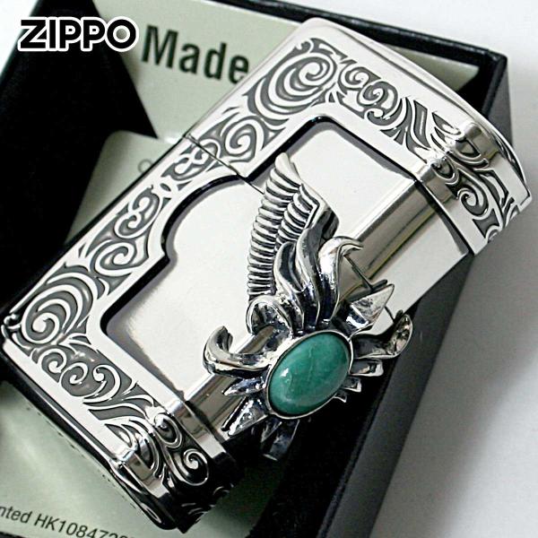 【ZIPPO】ジッポー：ストーンウィングメタル天然石メタル・3面加工・ターコイズ天然石のターコイズを貼り付けたZippoです。ターコイズは１２月の誕生石でもあり、ネイティブアメリカンの装飾品としても有名です。さらに鎧甲のように貼り付けられた...