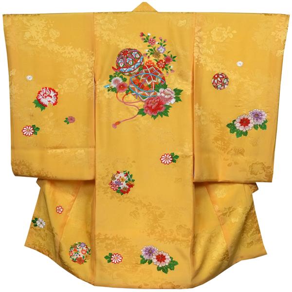黄色（山吹色）地に正絹綸子の花地模様が広がり、上品な刺繍が浮かび上がります。柄は総刺繍、七五三用セットも相性が良いです。刺繍には気品があっておすすめいたします。【毬柄】・・・どんな困難が起きても何事も丸く収まりますように品の良さと、おだやか...