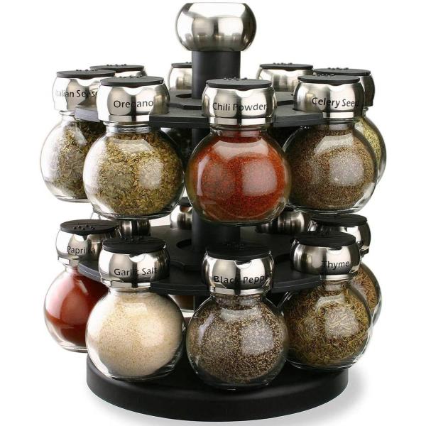 サイズ： 約23×23×27cm商品重量：約3kg16種類のスパイスを収納できます。メッキ製の蓋付きガラス瓶です。蓋にはラベルが付いていますカウンタースペースを節約できます。オレガノ、シナモン、キャラウェー、タイム、バジル、クミン、パプリカ...