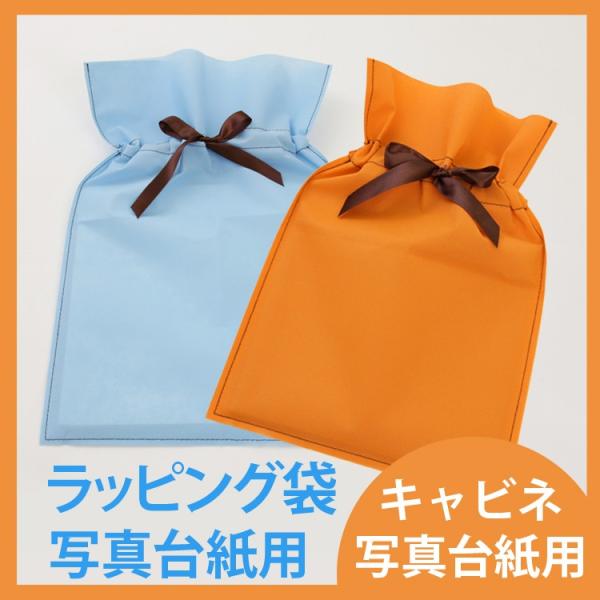 プレゼントするのに便利なラッピング袋です。　2Lサイズの写真台紙1冊用です。（2面台紙・3面台紙どちらにもお使いいただけます）サイズ：幅250×高さ370mm　 材質：不織布（巾着式） 表紙色オレンジ　or 水色りぼんつきです。 ※ご注文際...