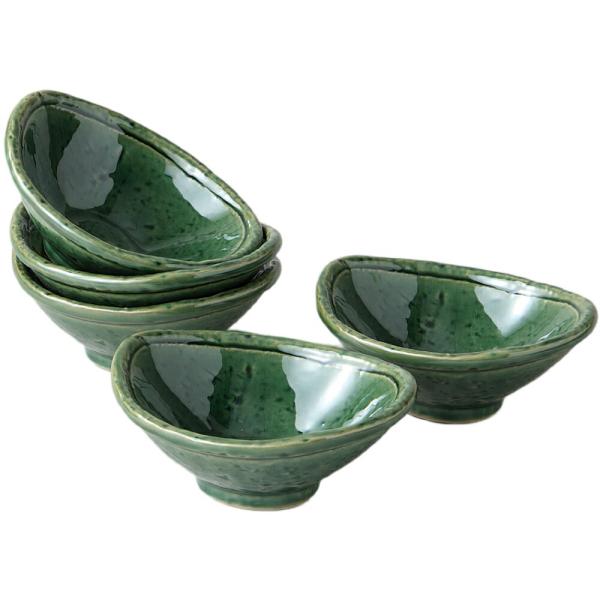 ＜商品内容＞小鉢×5/9.5×8.5cm×4cm　＜材質＞陶器＜産地名＞美濃焼＜箱サイズ＞10.5×10.5×10ｃｍ＜箱種＞ボール箱＜重量＞550g＜付属品＞-＜備考＞緑色の小さな鉢です。楕円形の重なりがよくちょこっと入れるのに丁度いい大...