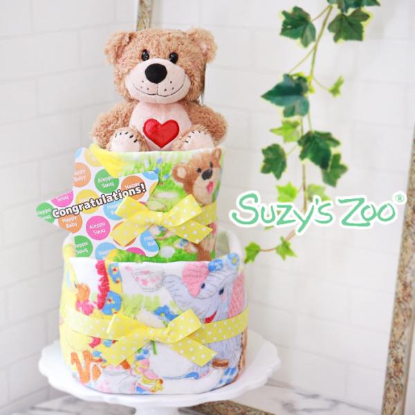 商品名スージーズー２段おむつケーキセット内容・紙おむつ(メーカー/サイズ選択可能)・フェイスタオル・ハンドタオル(名入れ刺繍無料)・ブーフぬいぐるみ・congratulationsカード・ラッピング【有料オプション】・フラワーホイッスル・お...