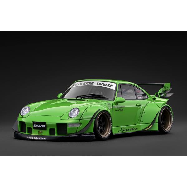 【発売日：2026年12月31日】「RWB 993」を1/18スケールレジンモデルで再現。ボディカラー：グリーン。WORK L1タイプ18インチホイール(ブロンズ＆マットブラック）にローダウン仕様。ワイドフェンダー、カナード付2段タイプのリ...