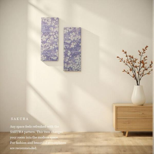 ■和室用　SAKURA 桜■SIZE ：500×200×25mm■付属品 ：ファブリックパネル専用フック、説明書春らしい淡い紫色に桜を一面に描いたデザイン。ベースがパープルのぼかしになりほっこりした印象です。淡い色合いが他のインテリアと調和...