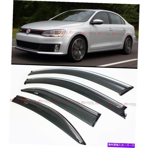 バグシールド 11-15 VW MK6 Jetta Sedan Smoke Window Vidor Deflector w/ Chrome Trip＆Clips FOR 11-15 VW MK6 JETTA SEDAN SMOKE WIN...