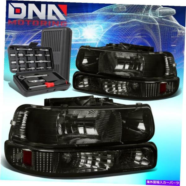 USヘッドライト 1999年から2002年のシボリーSilveradoスモークアンバーシグナルヘッドライトバンパーランプ+ツール FOR 1999-2002 CHEVY SILVERADO SMOKED AMBER SIGNAL HEADL...