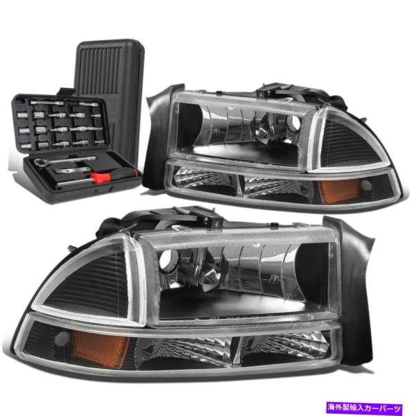 USヘッドライト 1997年から2004年のDodge Durangoペアブラックヘッドライトアンバーバンパーランプセット+ツールボックス For 1997-2004 Dodge Durango Pair Black Headlight A...