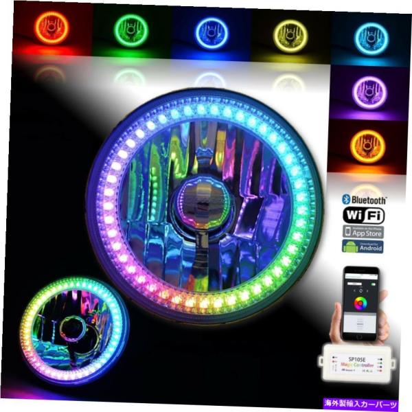 USヘッドライト 1x 5-3 / 4 RGB SMD LEDカラーチェイス追跡ハローシフトエンジェルアイモーフH4ヘッドライト 1x 5-3/4 RGB SMD LED Color Chase Chasing Halo Shift Ang...