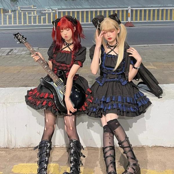 【2点セット】ワンピース+チョーカーコスプレ ゴスロリ パンクキャット パンク ロック ロリータ スプリット ドレス 夏 コットン ゴスロリ ファッション アイドル衣装 2色 ワンピース チェック柄 ステージ衣装 イベント 原宿ファッション...