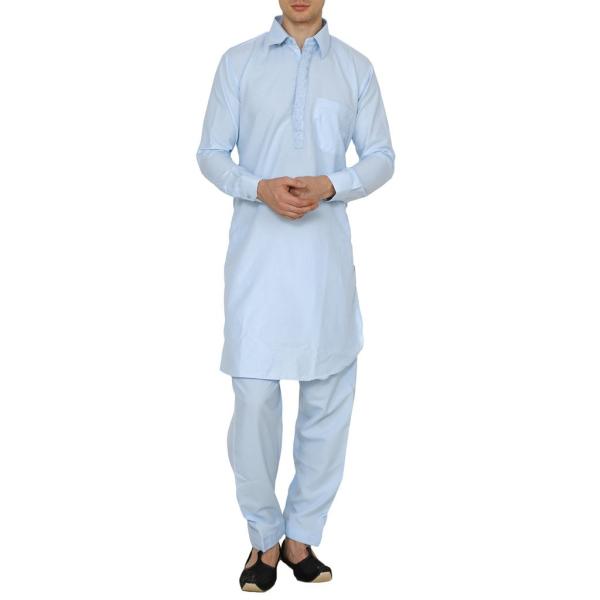 商品名: Royal Mens Neck thread Embroidered Classic Collar Alaska Blue Pathani Suit Royal Mens Neck thread Embroidered Class...