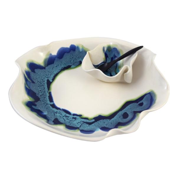 商品名: Aurora Collection コンテンポラリーチップ&amp;ディップトレイディッシュ ブルー/ホワイト ハンドメイド陶器 Aurora Collection Contemporary Chip and Dip Tray D...
