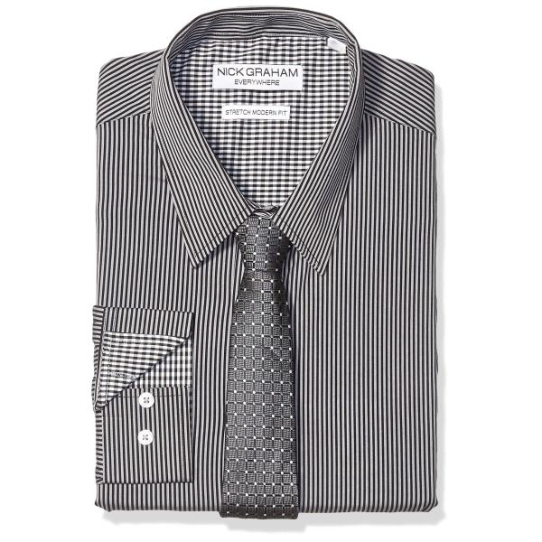 商品名: Nick Graham メンズ ストレッチモダンフィット ストライプドレスシャツとドットグリッドタイセット US サイズ: 15"-15.5" Neck 34"-35" Sleeve カラー: ブラック Nick Graham m...