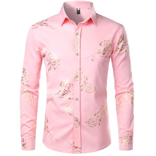 商品名: ZEROYAA メンズ ヒップスター ゴールド ローズプリント スリムフィット 長袖ドレスシャツ/プロムパフォーマンスシャツ US サイズ: Large カラー: ピンク ZEROYAA Mens Hipster Gold Ros...