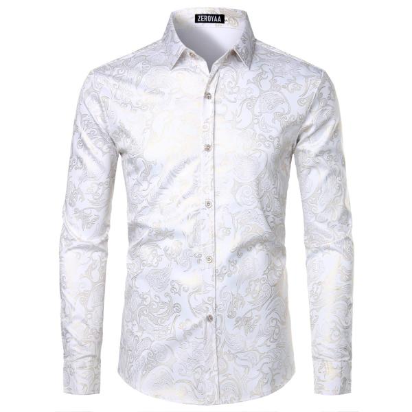 商品名: ZEROYAA メンズ ラグジュアリー ゴールド プロム デザイン スリムフィット 長袖 ボタンアップ パーティードレス シャツ US サイズ: X-Large カラー: ホワイト ZEROYAA Men's Luxury Gol...