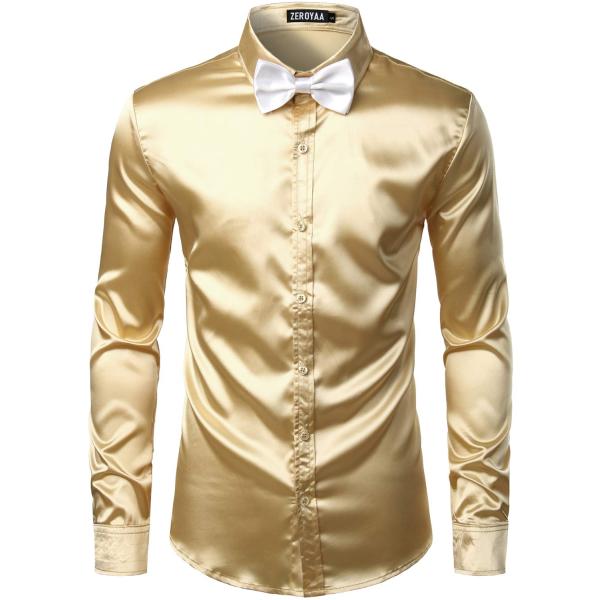 商品名: ZEROYAA メンズ ラグジュアリー シャイニー シルク サテン ボタンアップ ドレスシャツ US サイズ: X-Large カラー: ベージュ ZEROYAA Men's Luxury Shiny Silk Like Sati...