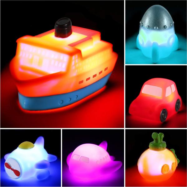 商品名:  6 packs No Hole Boat Bath Toy Set, Light up Changing Color in Water, Floating Rubber Bathtub Toys for Baby Toddler...