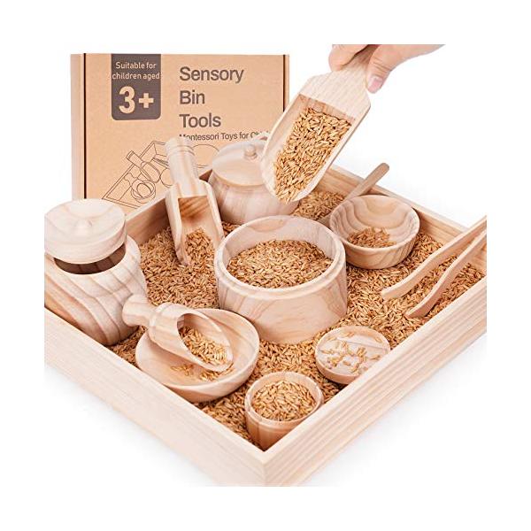 商品名:  Crisschirs Sensory Bin Tools with Wooden Box, Montessori Toys for Toddlers, Sensory Toys, Set of 12 Wooden Scoops ...