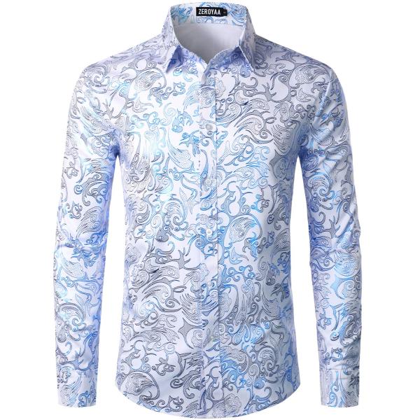 商品名: ZEROYAA メンズ ラグジュアリー ゴールド プロム デザイン スリムフィット 長袖 ボタンアップ パーティードレス シャツ US サイズ: XX-Large カラー: ブルー ZEROYAA Men's Luxury Pro...