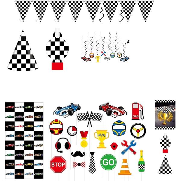商品名: 30人分 | 完全なパーティーパック | レースカーテーマ | 誕生日パーティーハット30枚 | ブローアウト30枚 | トリートバッグ30枚 | DIYフォトプロップ | 渦巻き14枚 | ペナントバナー2枚 | 背景1枚 | ...