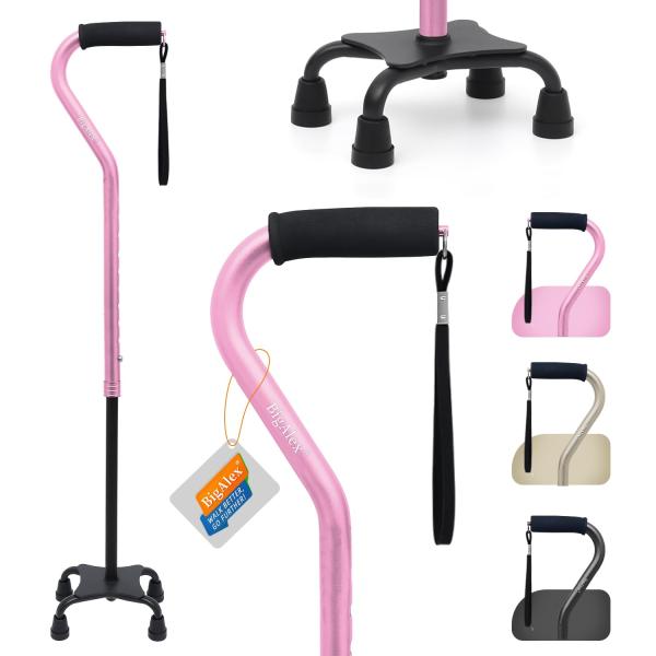 商品名: BigAlex (ビッグアレックス) クワッドケーン 調節可能 歩行用杖 柔軟性 軽量 快適 フォームパッドハンドル 4本爪の足付き 安定性 小型 クアッドベース メンズ レディース シニア用 (ピンク) BigAlex Quad...