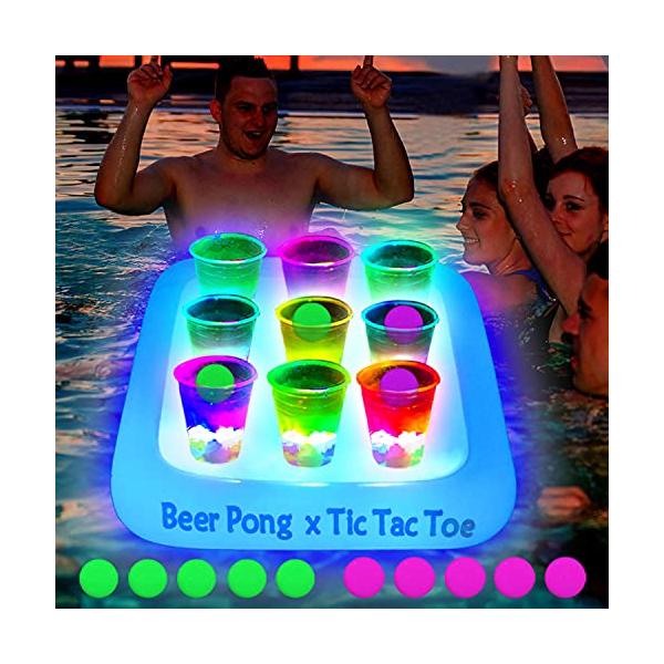 商品名: 23 x 23インチ 光るチックタックトウ プールパーティーラック フローティングドリンクポンラフ スイミングプールポンゲーム ドリンクホルダー ラフト1個 カップ9個 ポンボール10個 フラッシュカラー 23*23 Inch G...