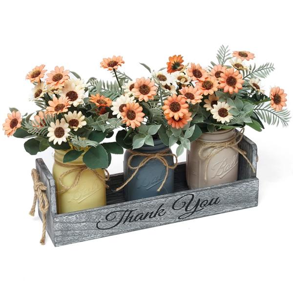 商品名: DUOER メイソンジャー テーブル用センターピース 木製トレイ ペイントジャー3個付き 素朴な農家の装飾センターピース ホーム キッチン ダイニング リビングルーム デコレーション グレー DUOER Mason Jar Cen...