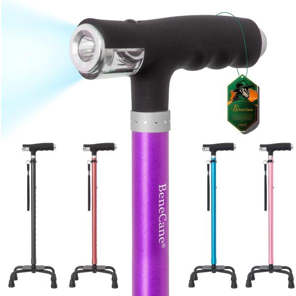 商品名: BeneCane クワッドケーン 歩行杖 LEDライト2個付き 大きなベース Tハンドル&amp;軽量 調節可能なウォーキングスティック 4本爪 丈夫 男女兼用 (パープル) BeneCane Quad Cane Walking ...