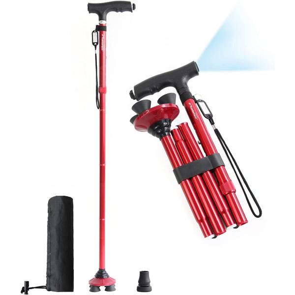 商品名: Ruedamann 34インチから37.8インチ 折りたたみ式杖 耐荷重330ポンド 軽量 ポータブル アルミニウム 折りたたみ式 杖 メンズ レディース 旋回式 クアッドベース 5段階調節可能 ウォーキング杖 LEDライト付き ...