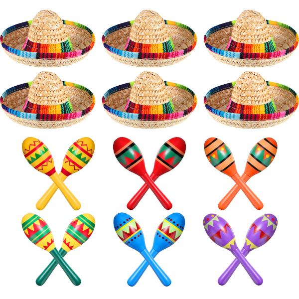 商品名:  12 Pcs Wooden Fiesta Maracas Colorful Design Fiesta Maracas Mexican Favors and 6 Pcs Mini Sombrero Hats Mexican Ha...