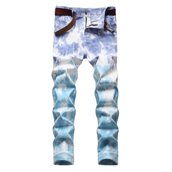 商品名:  AOWKULAE Men's Skinny Slim Fit Jeans Stretch Biker Tie Dye Gradient Denim Pants with Zipper, No Belt, Purple Blue,...