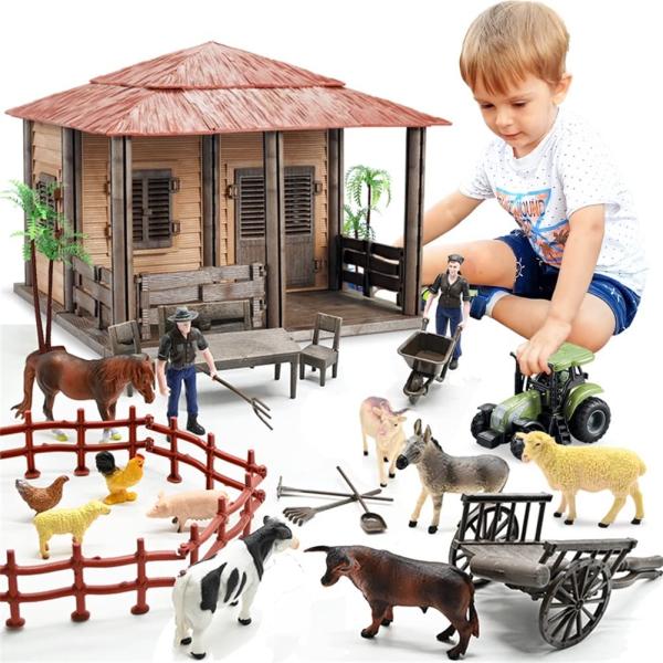 商品名:  Farm Animals Farmhouse Building Toys, Farm Figurines and Fence Playset, Farmer Vehicle Toy Truck Pretend Play Set ...