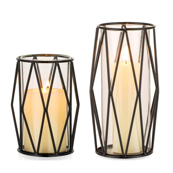 商品名: Nuptio ブラックピラーキャンドルホルダー - ガラスキャンドルホルダー 幾何学的なメタルラックスタンド付き 結婚式 誕生日パーティー センターピース - 花瓶 小さなハリケーン花瓶 オフィス/リビングルーム用 Nuptio ...