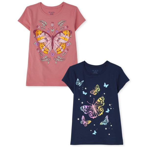 商品名:  The Children's Place Girls Short Sleeve Graphic T-Shirts, Multipacks, Coral/Navy Blue Butterflies-2 Pack, Smallブラン...