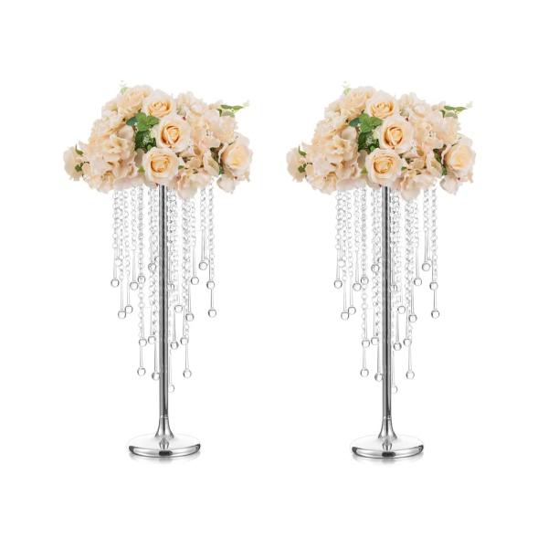 商品名: シルバー花瓶 ウェディングセンターピース テーブル用 高さ21.7インチ シャンデリアクリスタル付き センターピーステーブル装飾 メタルフラワースタンド 結婚式 披露宴 誕生日パーティー 自宅用 2個 Silver Vases W...