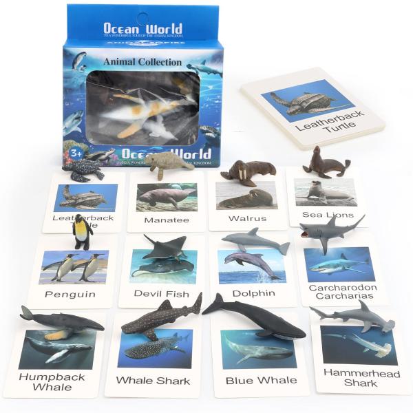 商品名: フラッシュカード付きミニ海洋動物フィギュア リアルな動物の置物おもちゃ モンテッソーリ素材 ホームスクール 幼稚園 科学 教育マッチングゲーム 幼児 子供用 (海) Small Montessori Animal Figures ...