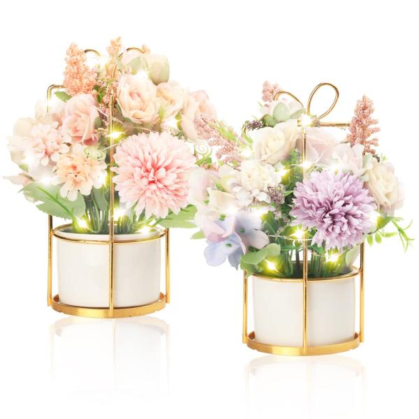 商品名: LED造花 鉢植え フェイクピンクとパープル 花 鉢植え植物 ホームリビングルーム オフィスパーティー装飾 2個セット BEGONDIS Set of 2 LED Artificial Flowers Potted Fake Pi...
