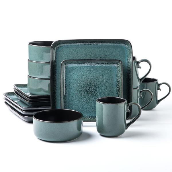 商品名:  Arora FLACKAR Square Stoneware Dinnerware Set for 4, Dinner Plates, Side Plates, Cereal Bowls, Mugs - Reactive Gla...