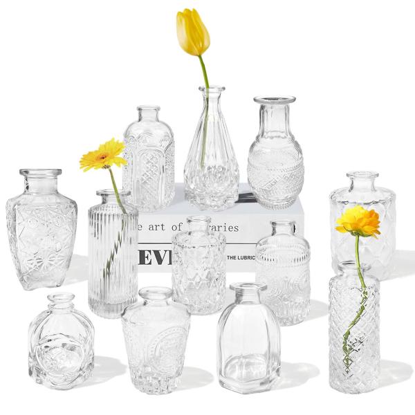 商品名: ガラス製のつぼみ花瓶12個セット、透明のつぼみ花瓶バルク、センターピース用の小さな花瓶、花のミニヴィンテージ花瓶、素朴なウェディング、ホームテーブルデコレーション。 12 Glass Bud Vases Set,Clear Bud...