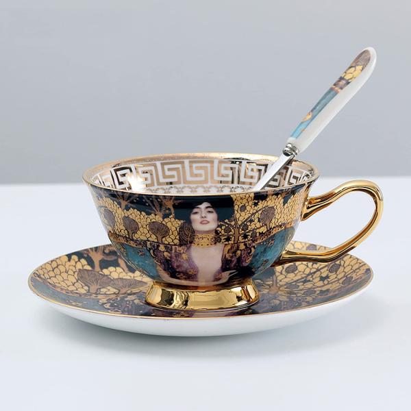 商品名:  DECRZPB Ceramic Coffee Tea Cup and Saucer Set Gustav Klimt Judith Pottery Coffee Mug and Saucer Set, Milk Juice Mu...