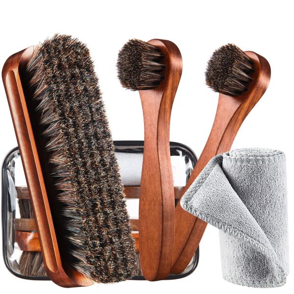 商品名:  4 Pcs Horsehair Shoe Brush Kit Polishing Daubers Applicators Leather Care Brushes Shine Cleaning Cloth with Bag(Sh...