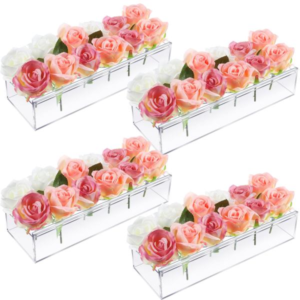 商品名: クリアアクリルフラワー花瓶 長方形花柄センターピース ダイニングテーブル用 長さ12インチ 長方形 装飾モダン花瓶 結婚式 ホームデコレーション (4個) Clear Acrylic Flower Vase Rectangular...