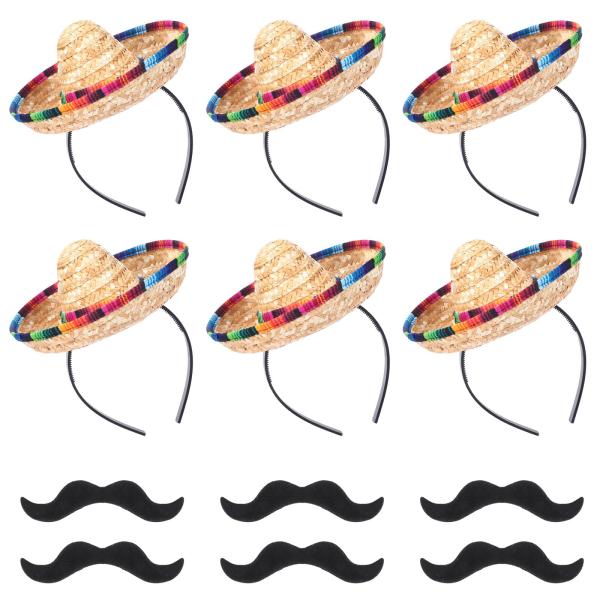 商品名:  Pasimy 12 Pcs Mini Sombrero Fiesta Hats Fake Mustaches Set, 6 Mexican Sombrero Headbands 6 Mustache Halloween Cost...