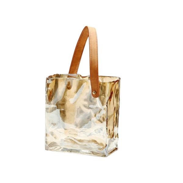 商品名: CAPRIZ ハンドバッグ花瓶 花用 クールでかわいい財布花瓶 フィッシュボウル付き 手吹きガラス花瓶 クリアガラスバッグ花瓶 PUレザーハンドル付き センターピース リビングルーム キッチン オフィスの装飾 CAPRIZ Pur...