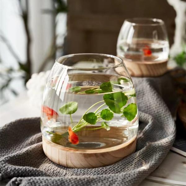 商品名:  FQQWEE Glass Vase with Wooden Support Base Transparent Hydroponic Fish Bowl Bulb Vase for Flowers Creative Glass W...